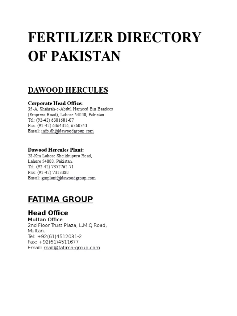 Pakistan Fertilizer Company Contacts | PDF | Office Work | Plant Nutrition