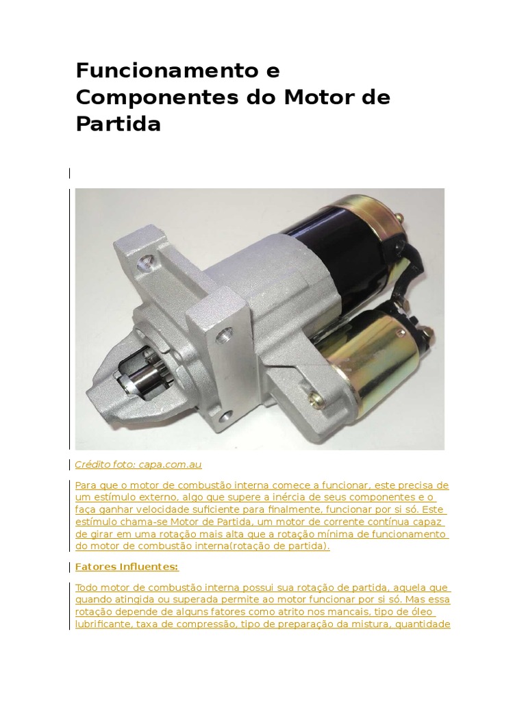 Funcionamento e Componentes Do Motor de Partida | Motor de Combustão ...