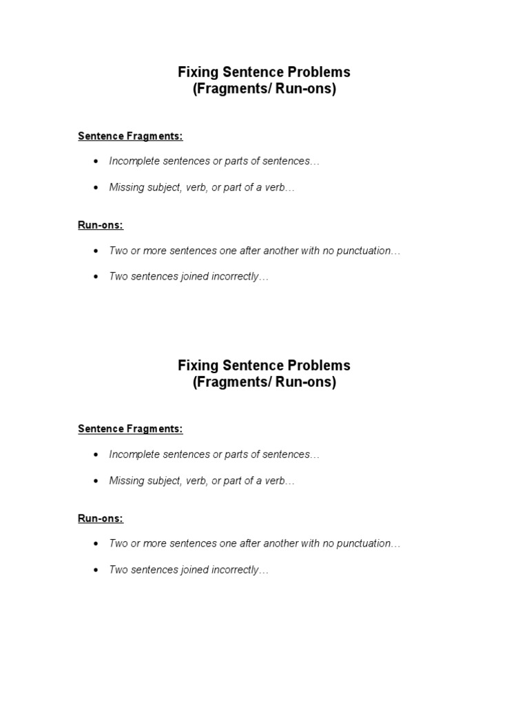 Fixing Sentence Problems (Fragments/ Run-Ons) | PDF