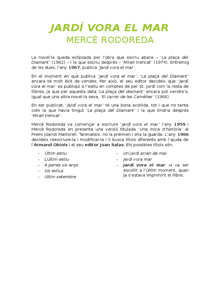 Jardí Vora El Mar - Mercè Rodoreda | PDF