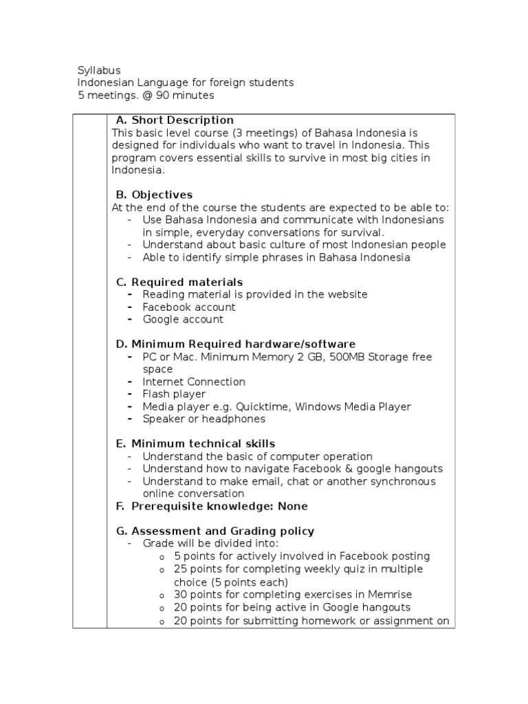 Survival Indonesian - Syllabus | PDF | Indonesian Language | Indonesia