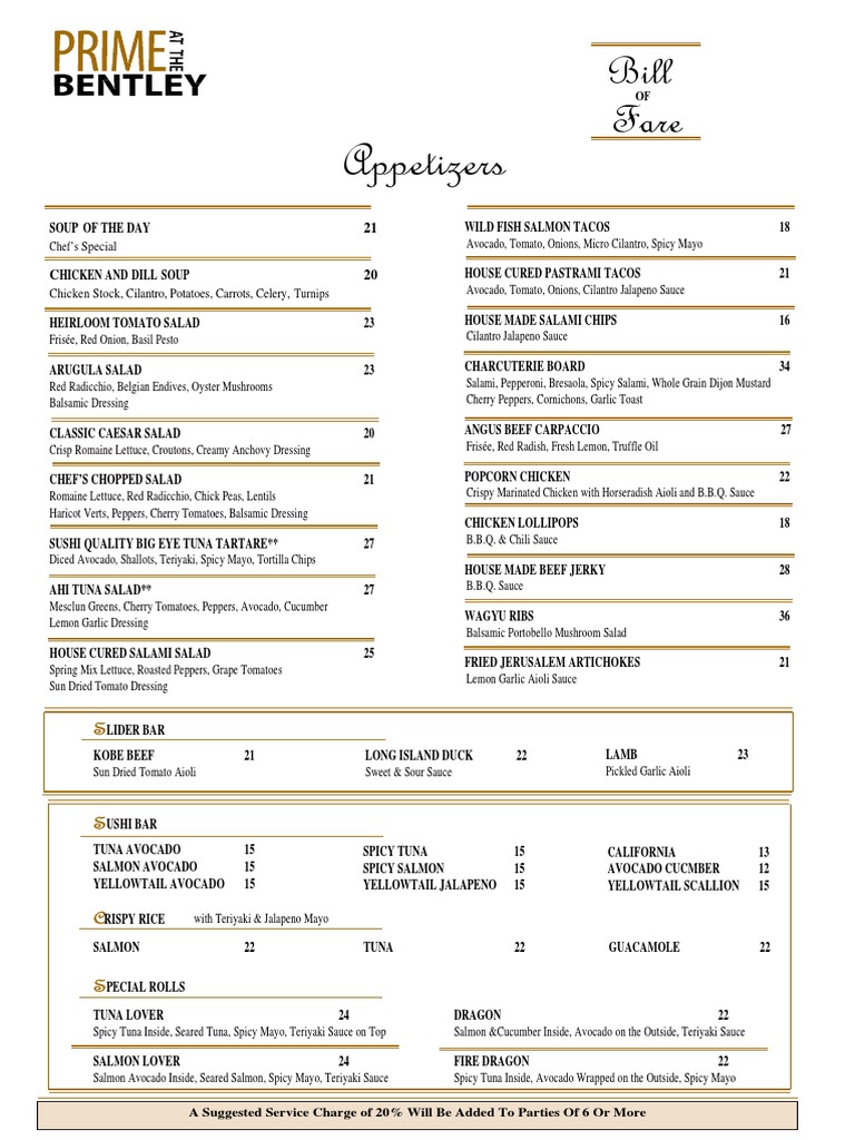 Bentley Dinner Menu 10.26.16 | French Fries | Salad