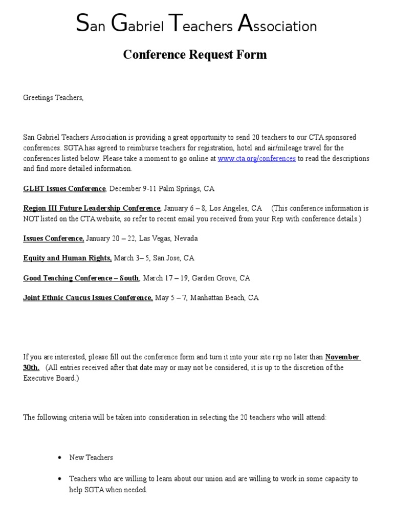 Conference Request Form: An Abriel Eachers Ssociation | PDF