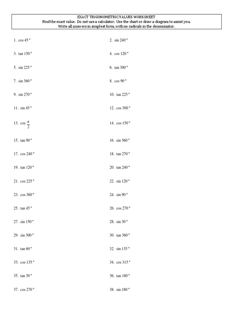 Extra Exact Trig Values PDF | PDF