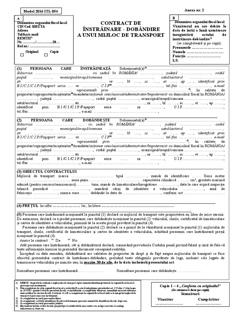 Modelul Contractului de Instrainare Dobandire A Unei Masini