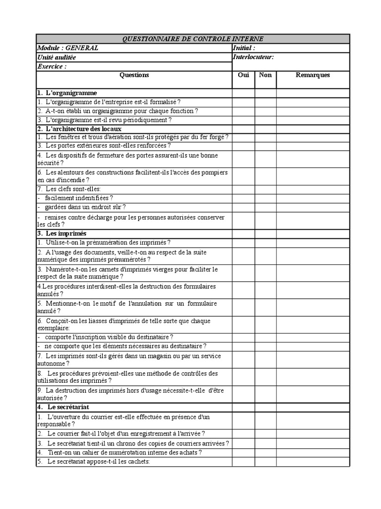 Questionnaire de Controle Interne-panpa | Budget | Dépréciation