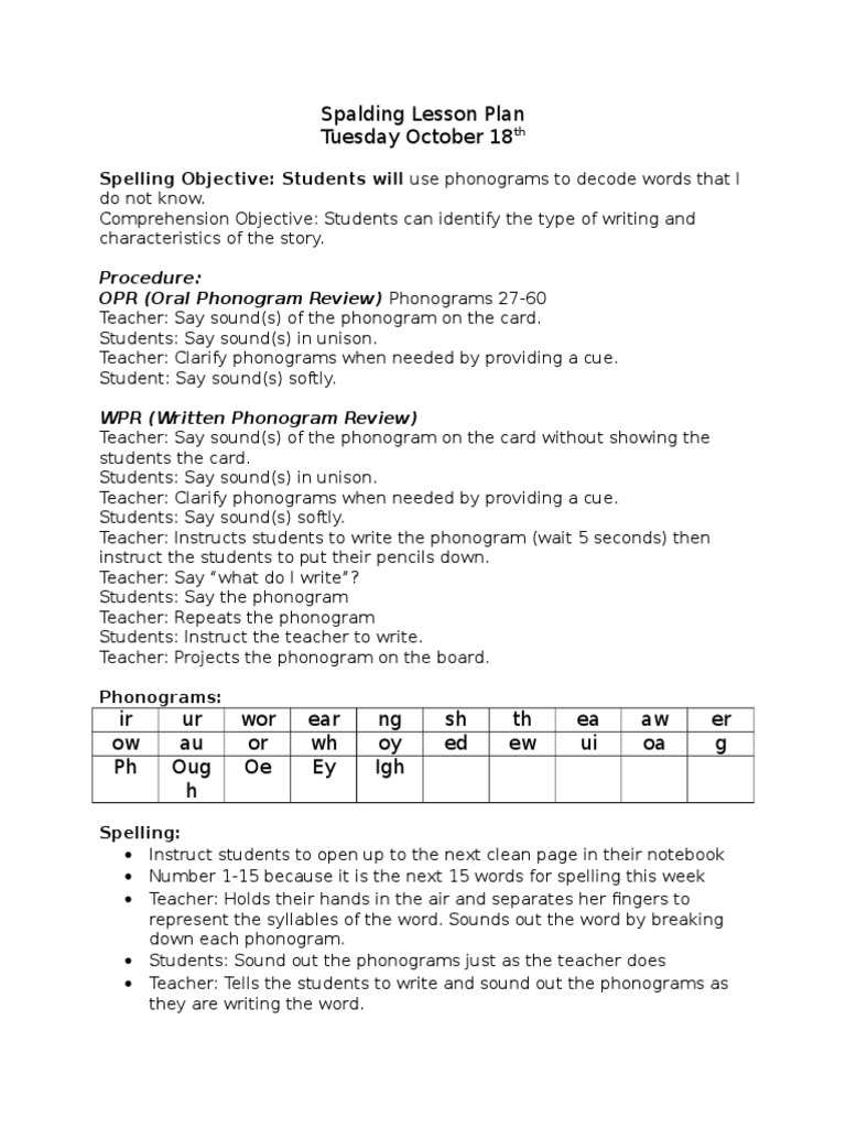 Spalding Lesson Plan for Phonograms | PDF | Language Arts & Discipline