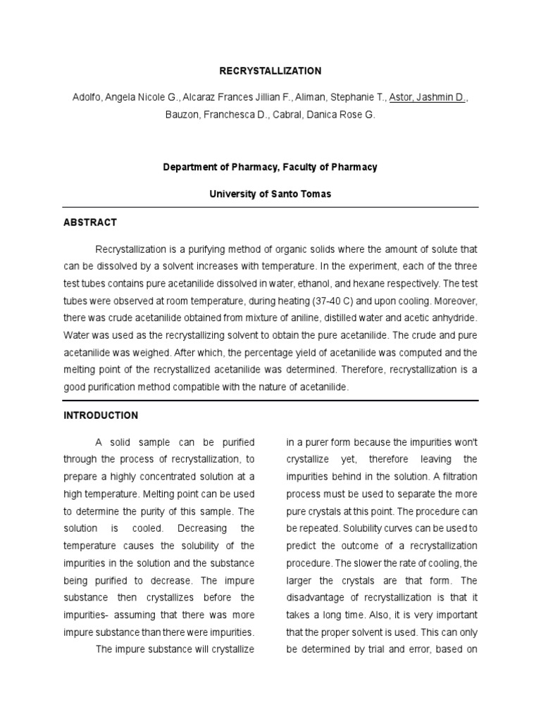 Experiment 4 (Recrystallization) PDF | PDF | Crystallization | Solubility
