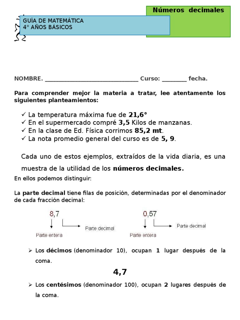 Guía de Decimales para Cuarto Básico. | PDF | Sustracción | Decimal