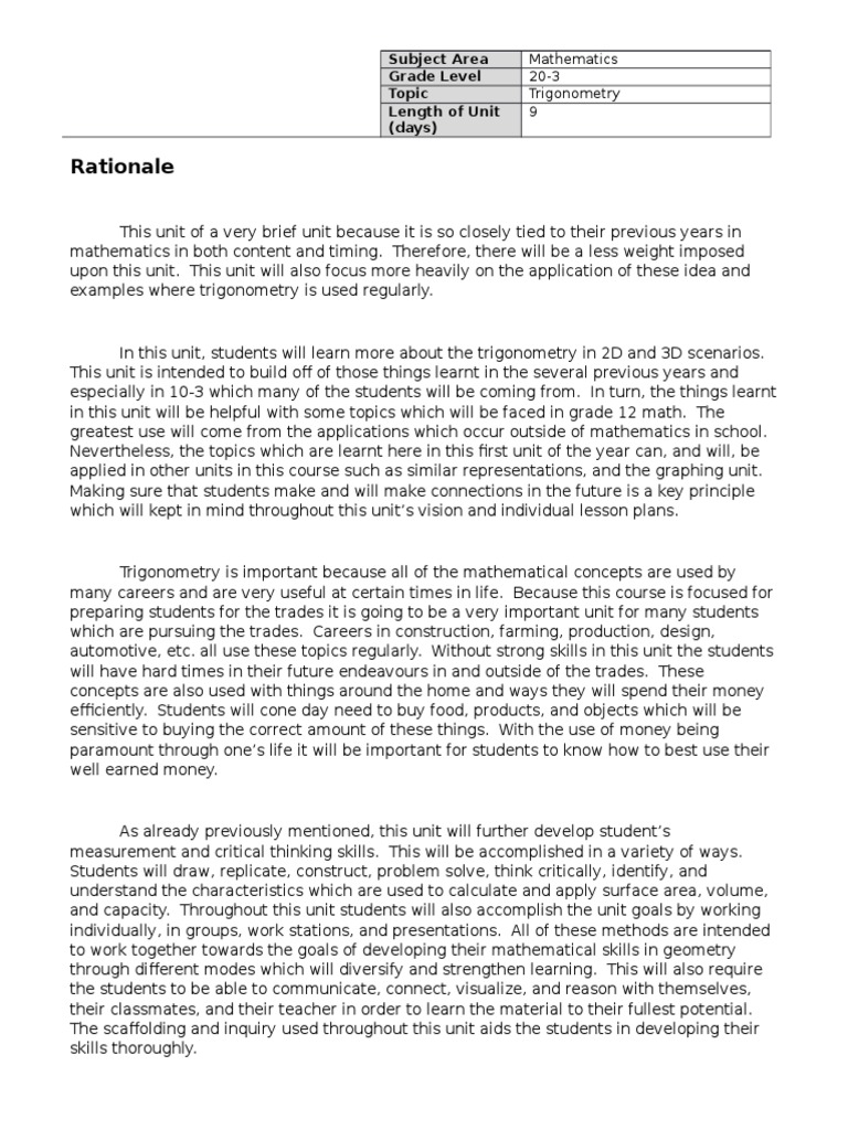Rationale: Subject Area Grade Level Topic Length of Unit (Days ...