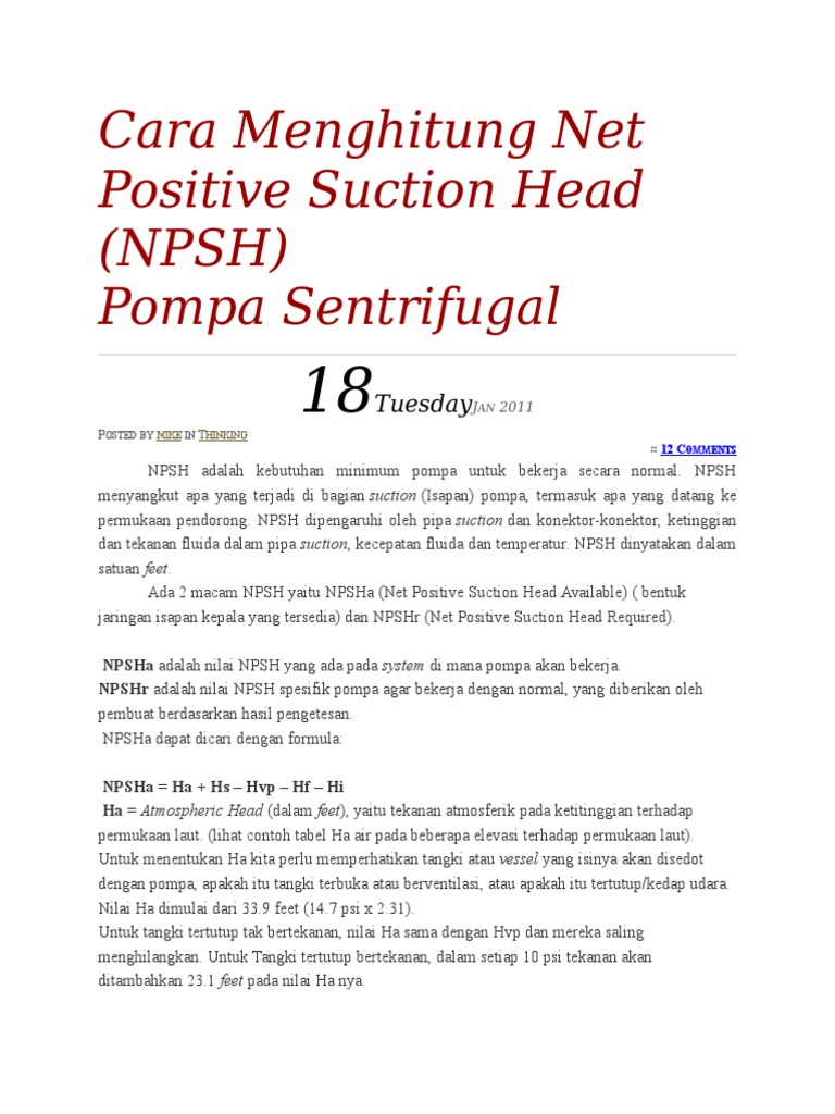 Menghitung NPSH Pompa Sentrifugal | PDF