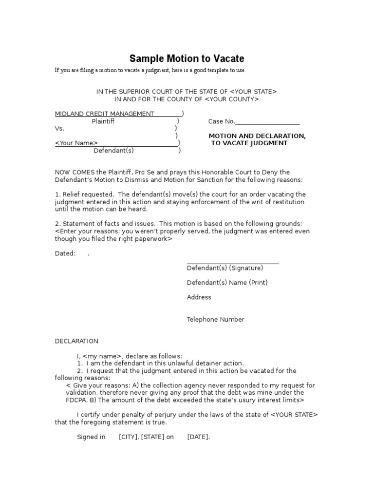 Sample Motion to Vacate Judgment Template | PDF