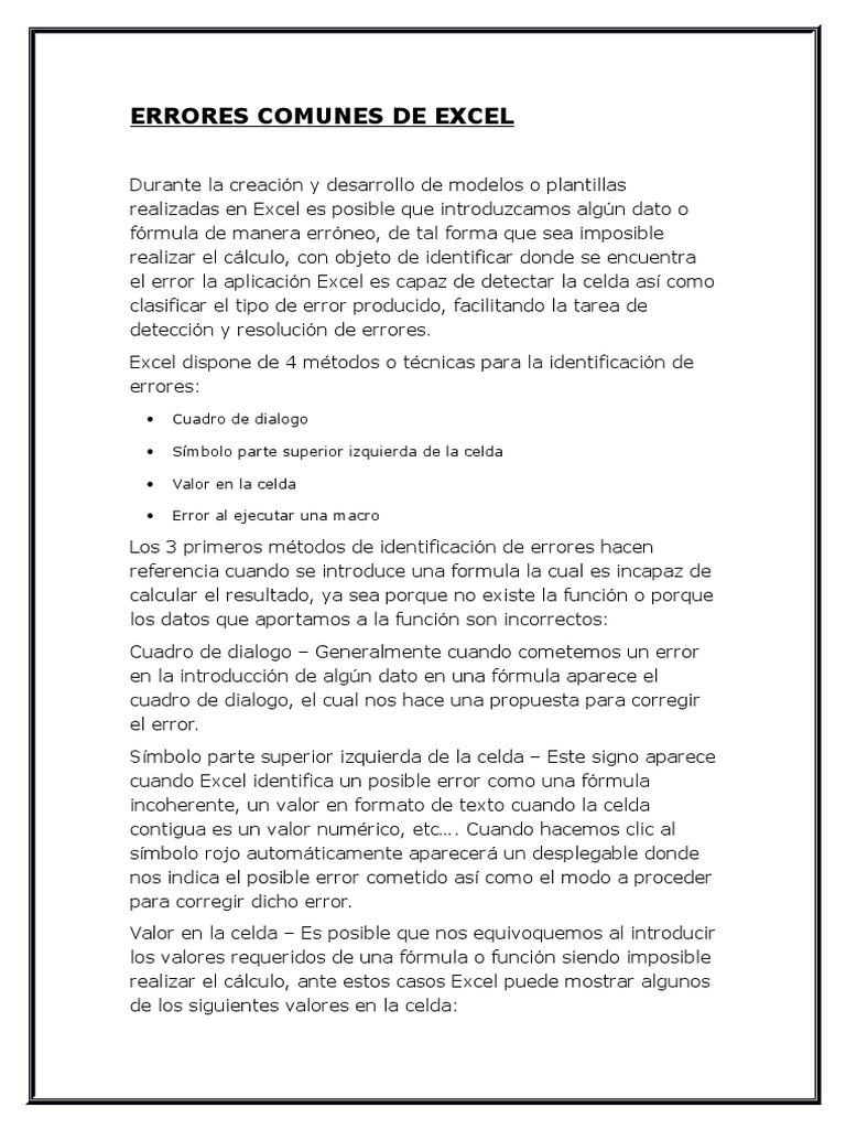 Errores Comunes de Excel | PDF | Fórmula | Microsoft Excel