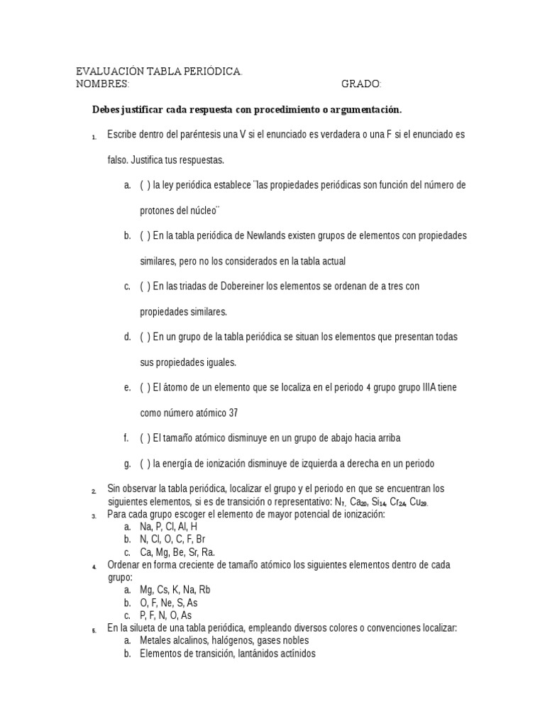 Evaluación Tabla Periódica Tabla Periódica Rieles 7746