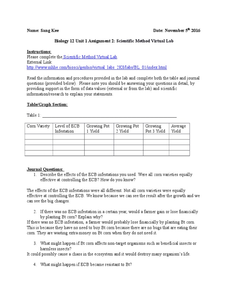 Biology 12 Unit 1 Assignment 2 Scientific Method Virtual Lab | Download ...
