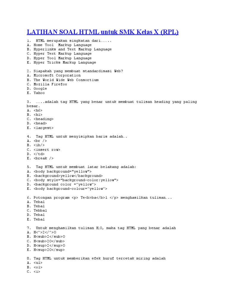 Latihan Soal HTML Untuk SMK Kelas X | PDF
