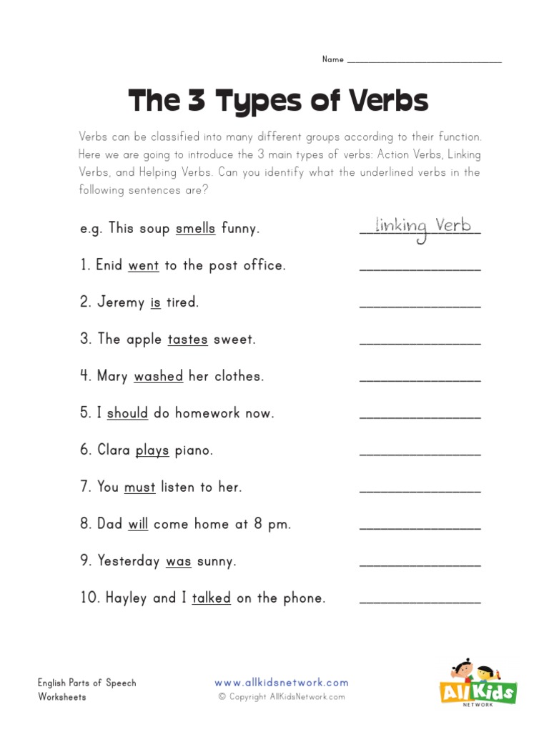 3 Types of Verbs Worksheet | PDF