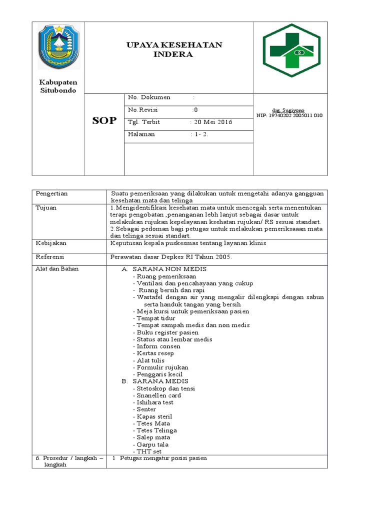 SOP Pemeriksaan Kesehatan Mata dan Telinga | PDF | Sains & Matematika