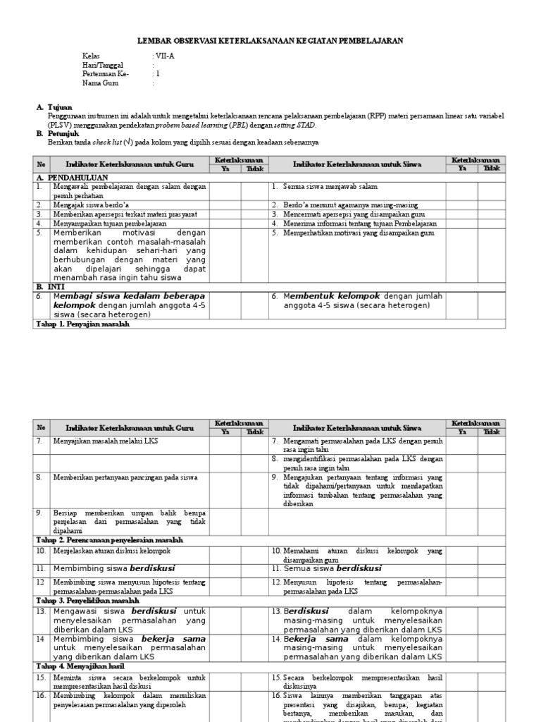 Lembar Observasi Keterlaksanaan Kegiatan Pembelajaran Tatan | PDF