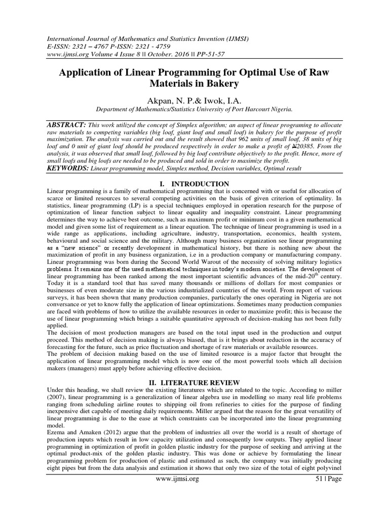 Application of Linear Programming For Optimal Use of Raw Materials in Bakery | PDF | Linear ...