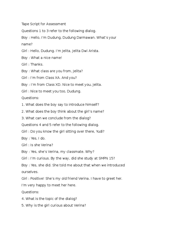 Tape Script For Assessment | PDF | Language Arts & Discipline | Wellness