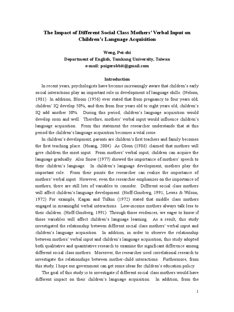 The Impact of Different Social Class Mothers' Verbal Input On Children ...