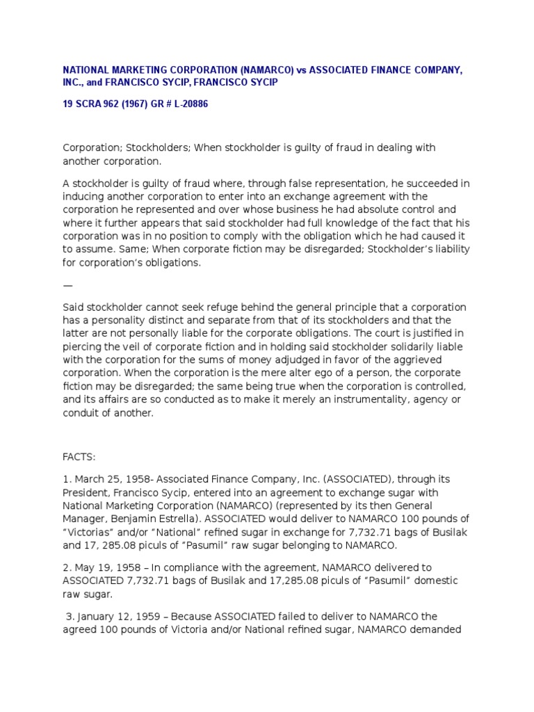 NAMARCO Vs Associated Finance Co | Download Free PDF | Piercing The ...