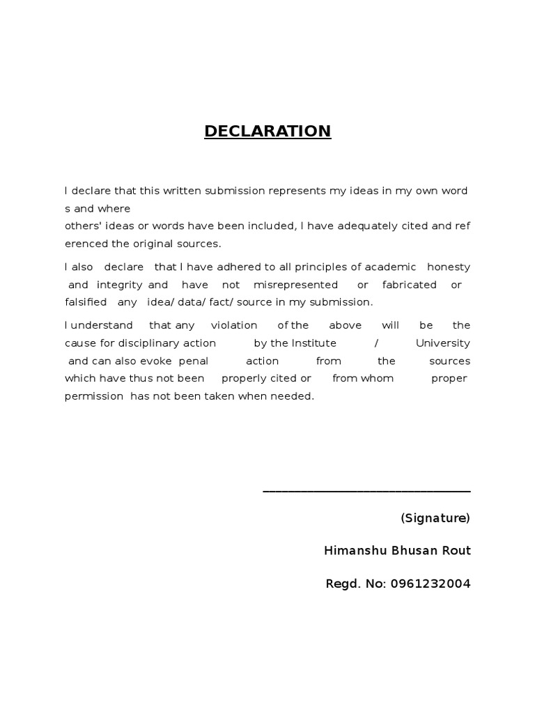 Declaration: - (Signature) Himanshu Bhusan Rout Regd. No: 0961232004 | PDF