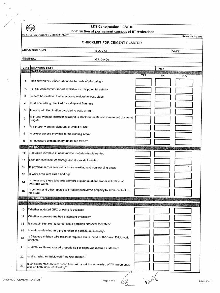 Cement Plaster Checklist