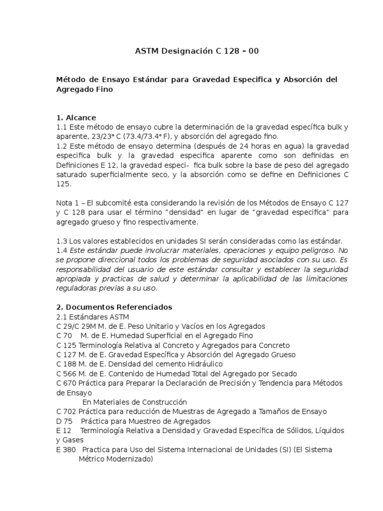 Astm C 128 | Densidad | Absorción (Química)