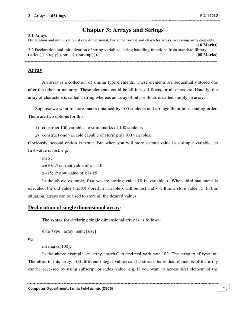 Chapter 3 Arrays And Strings Array Pdf String Computer Science Matrix Mathematics 
