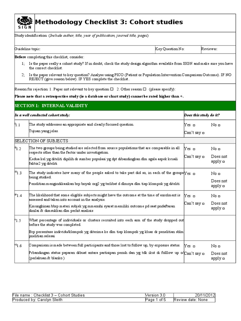 Methodology Checklist for Cohort Studies | PDF | Confounding | Cohort Study