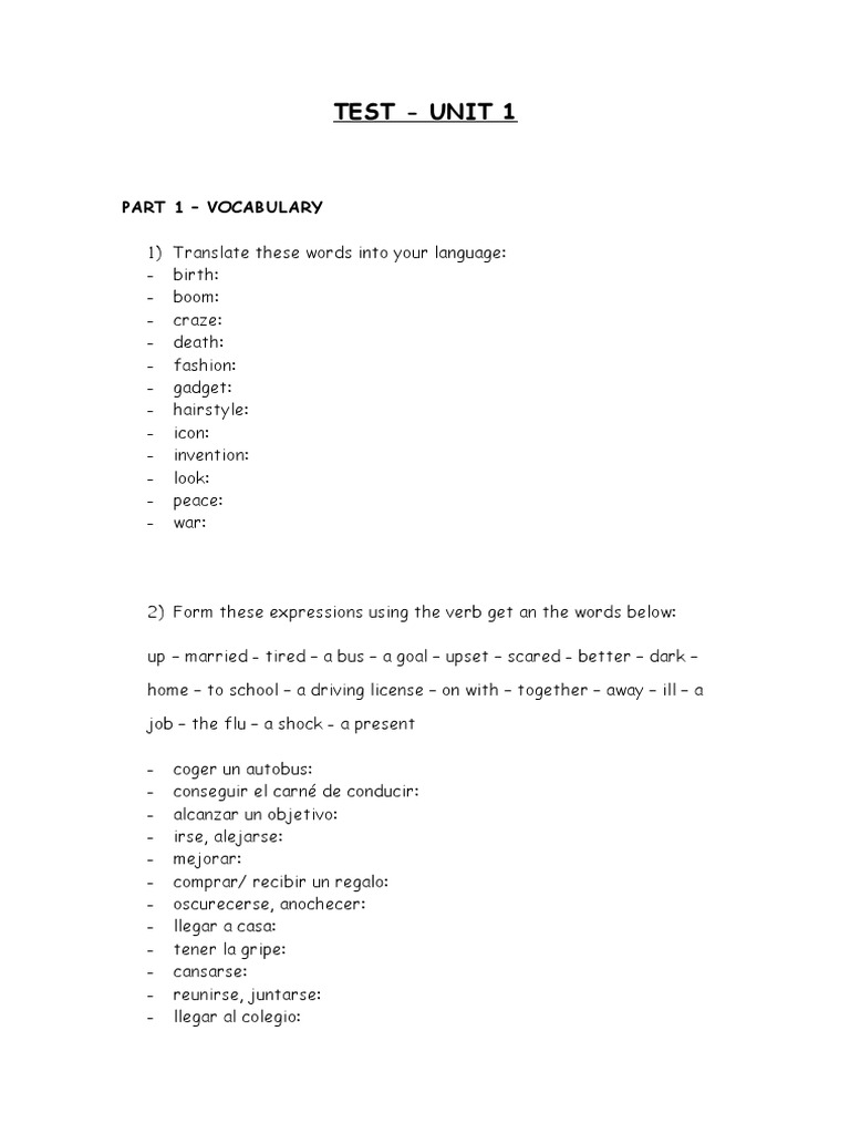 Vocabulary and Grammar Unit Test | PDF