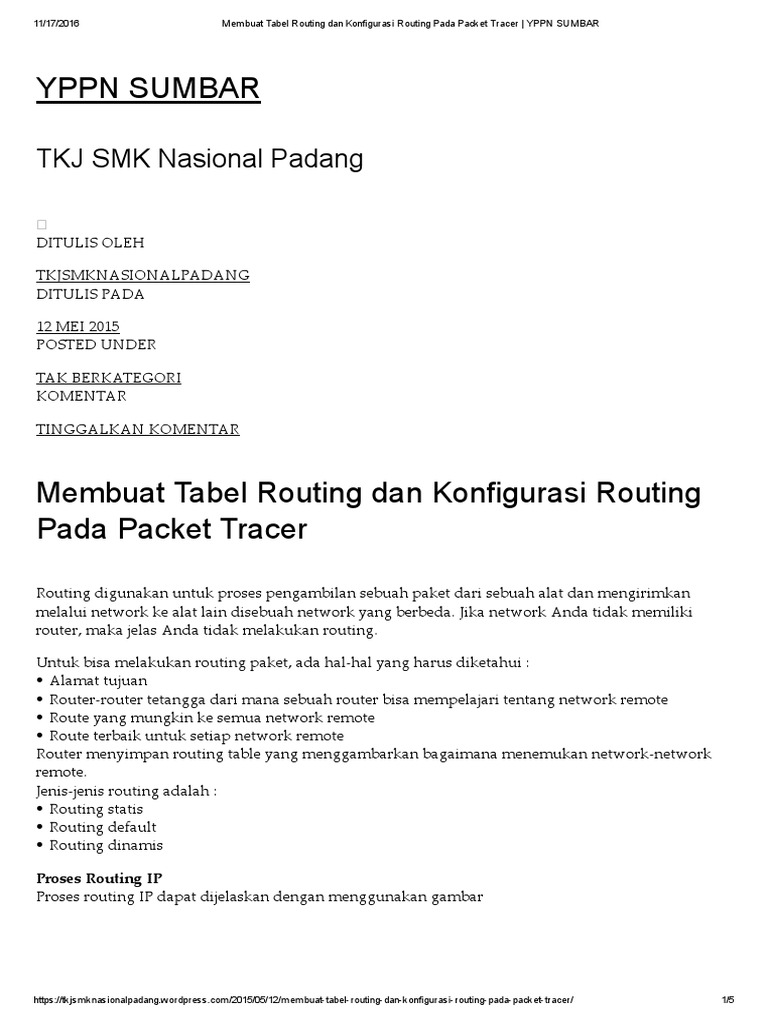 Membuat Tabel Routing Dan Konfigurasi Routing Pada Packet Tracer - YPPN ... Membuat Tabel Routing Dan Konfigurasi Routing Pada Packet Tracer - YPPN ...