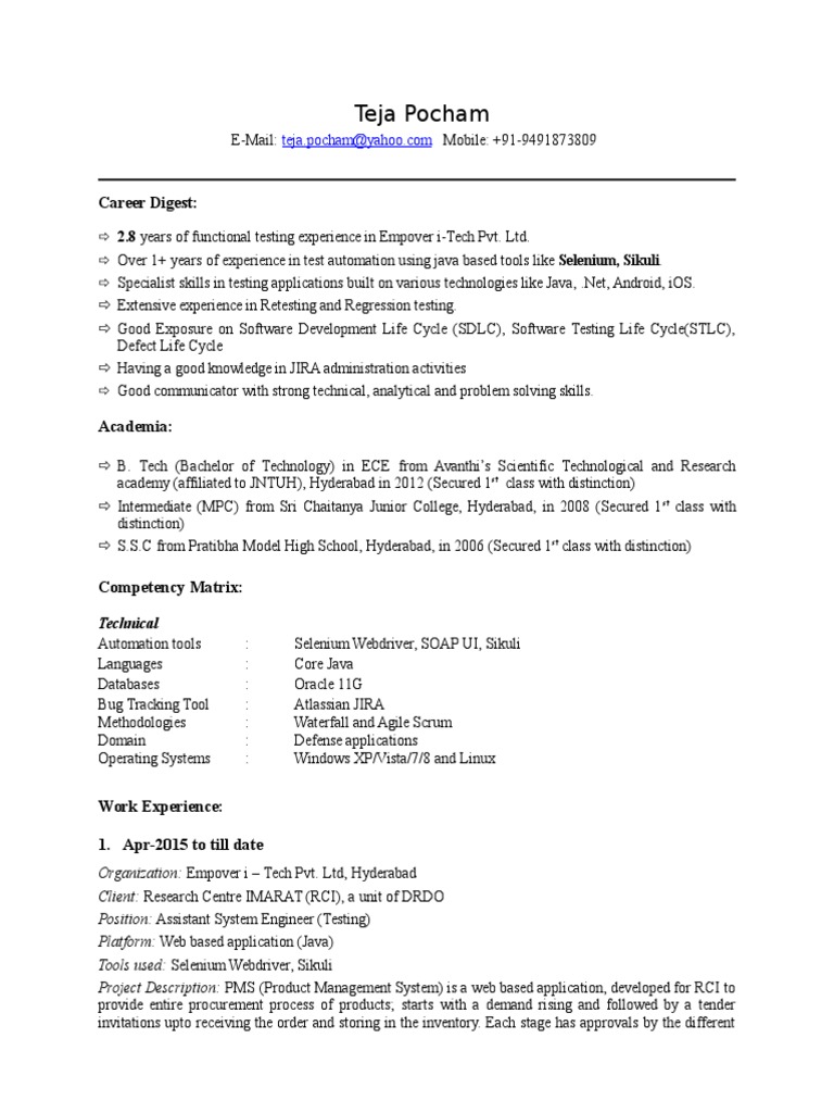 Teja Pocham: Career Digest | PDF | Software Development Process | Selenium (Software)