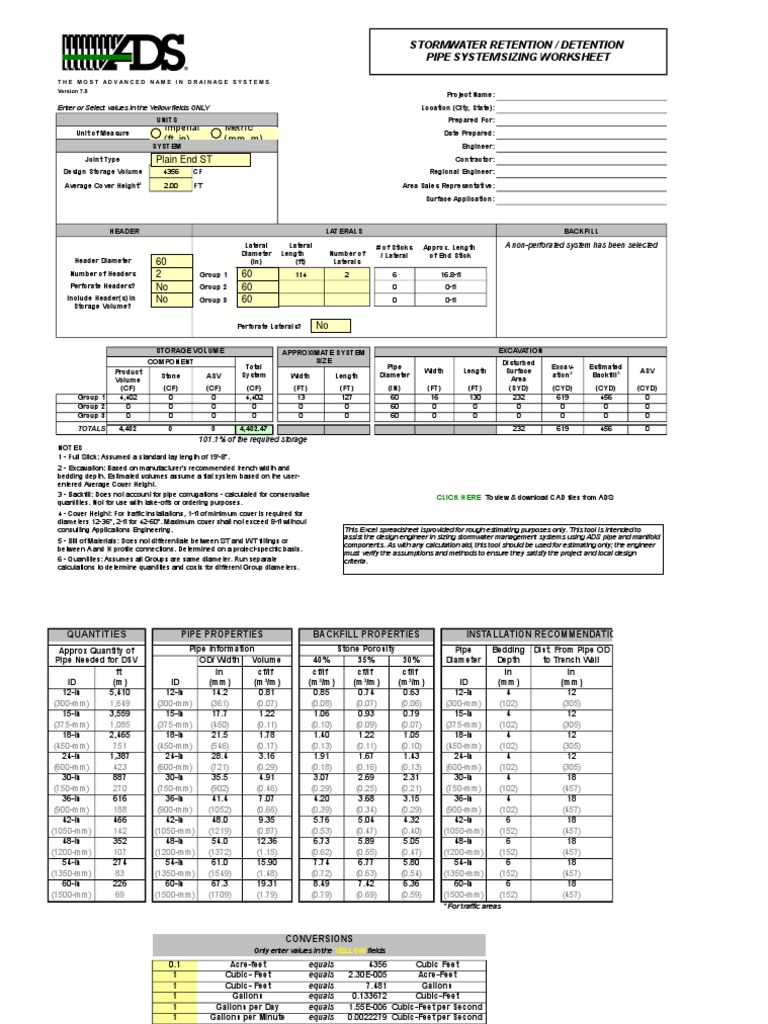 Stormwater Retention/Detention Pipe System Sizing Worksheet: 60-Inch ...