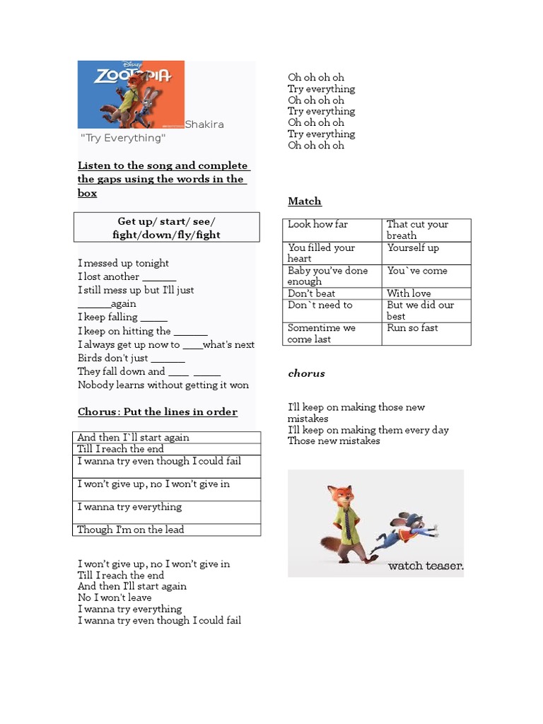 Zootopia Song Worksheet | PDF