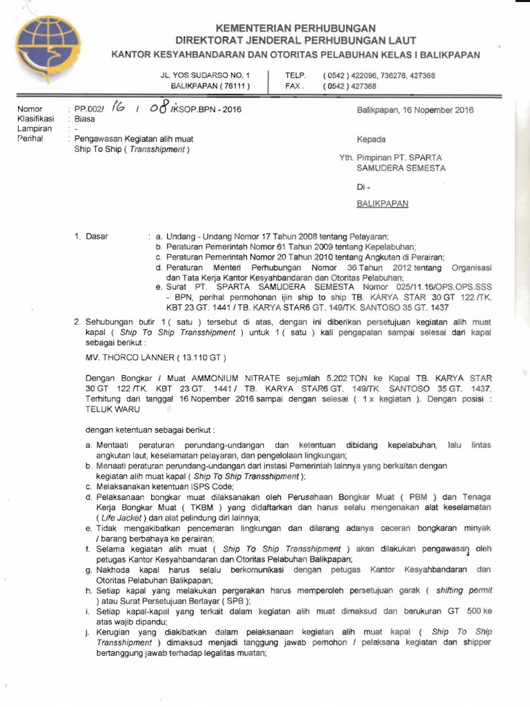 Ship To Ship Dan Ijin Muat Barang Berbahaya MV - Thorco Lanner | PDF