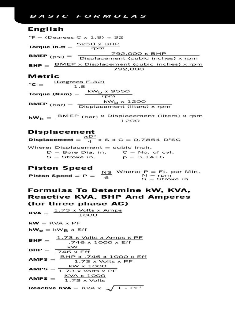 Formulas for Calculating Torque, Power, Displacement, Piston Speed ...