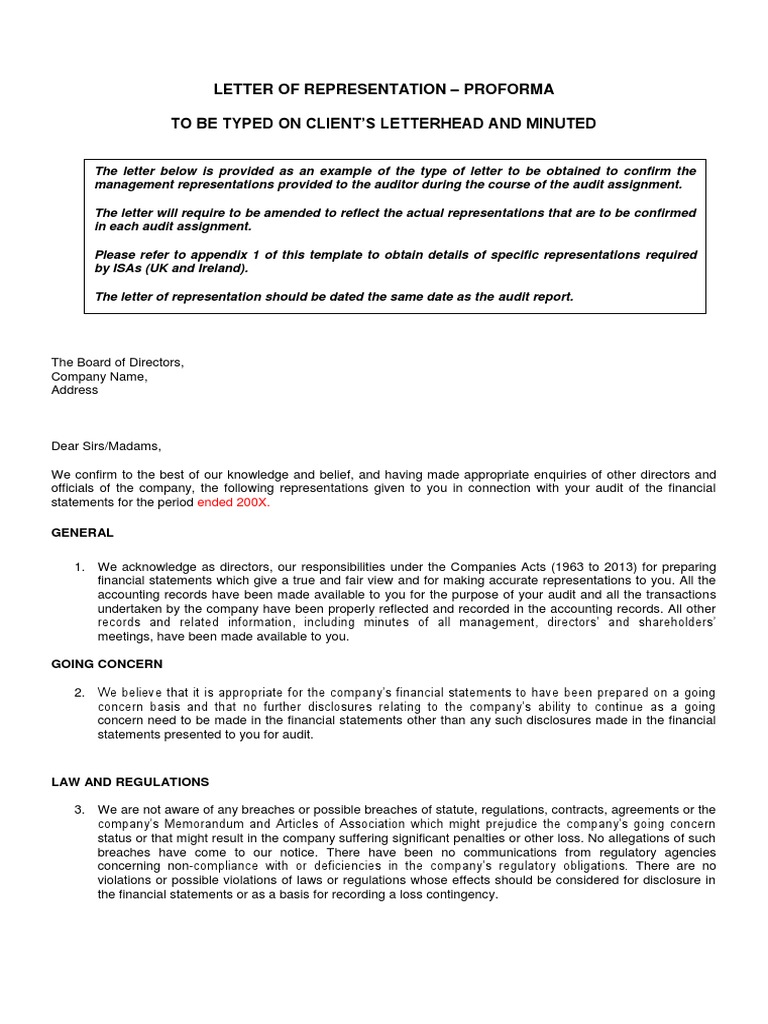 Letter of Representation Proforma | Going Concern | Audit