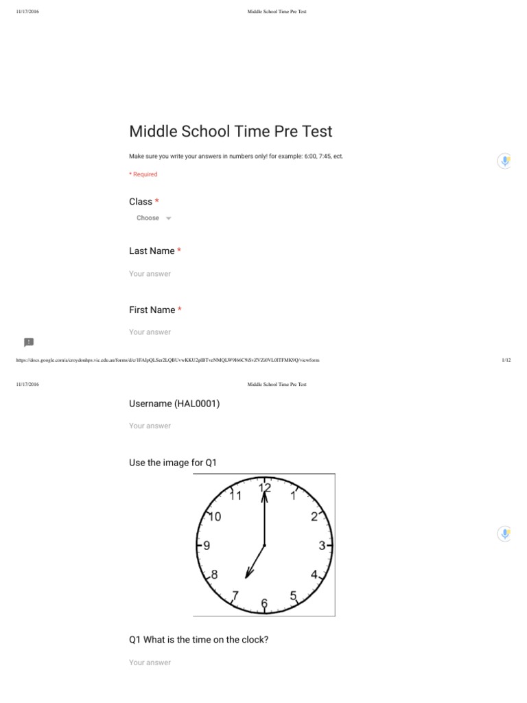 Middle School Time Pre Test Form | PDF