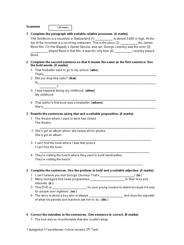 Grammar and Vocabulary Skills: A Comprehensive Exercise in Relative ...