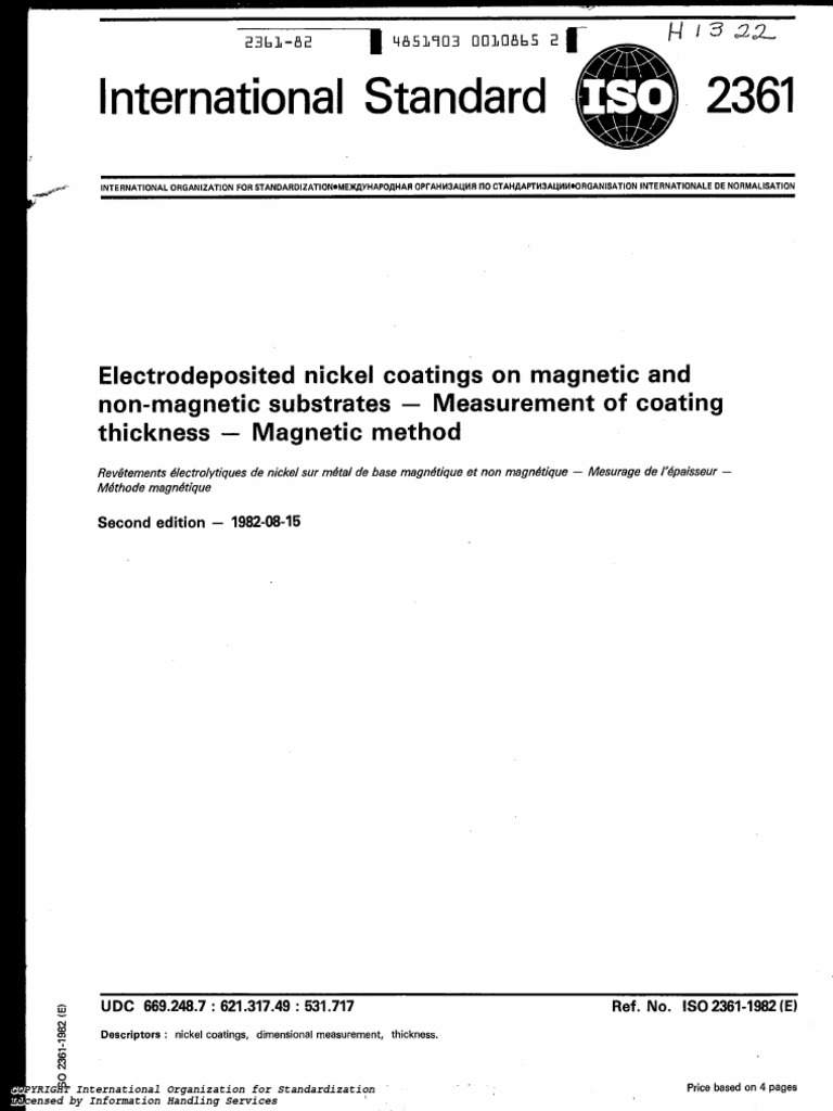 ISO 2361 - 1982 Electrodeposted Nickel Coating PDF | PDF | Calibration ...