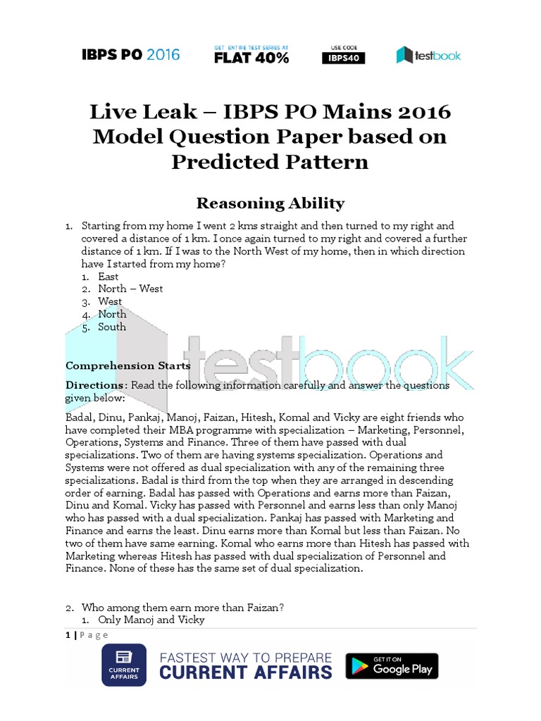 Live Leak - IBPS PO Mains 2016 Model Question Paper Based On Predicted ...