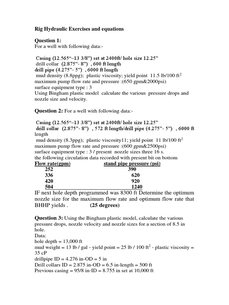 Rig Hydraulic Exercises | PDF | Drilling Rig | Pressure
