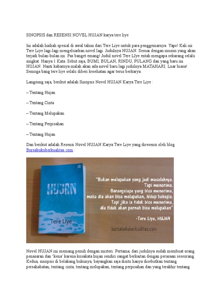 TERE LIYE'S NOVEL HUJAN: REVIEWS AND SUMMARIES | PDF