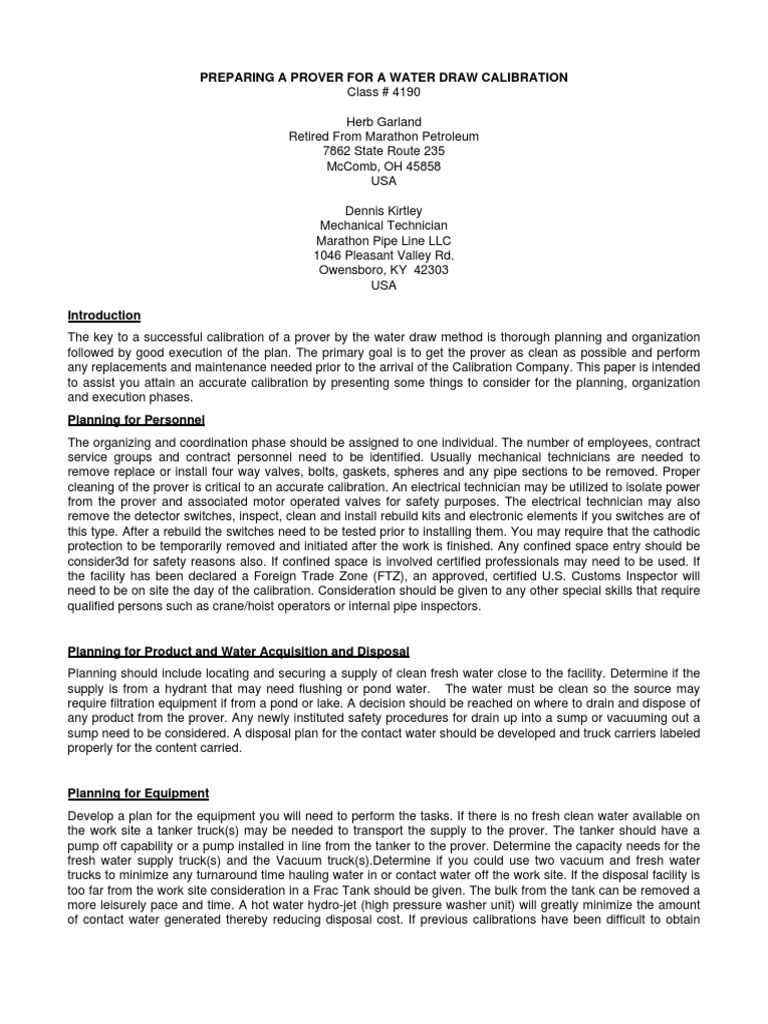 Preparing A Prover For A Water Draw Calibations | PDF | Pipe (Fluid ...