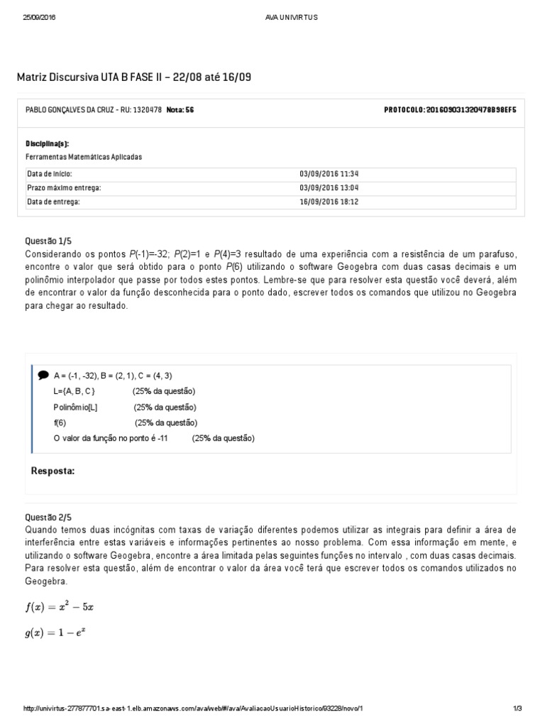 Prova Discursiva de Ferramentas Matemáticas Aplicadas Nota 5,6 Uninter | PDF | Tempo | Analise ...