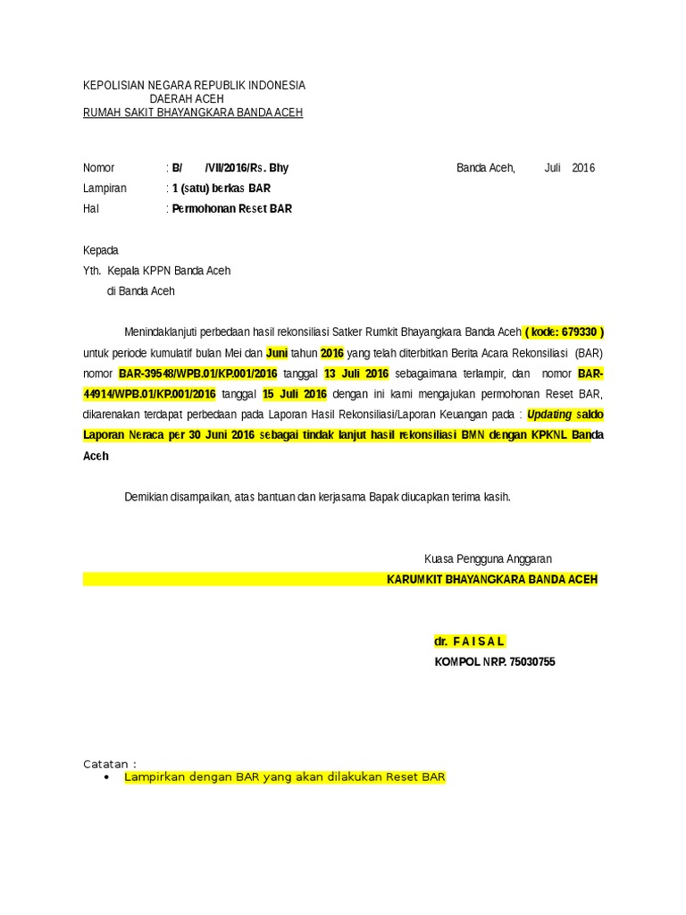 CONTOH Format Surat Permohonan Reset BAR | PDF