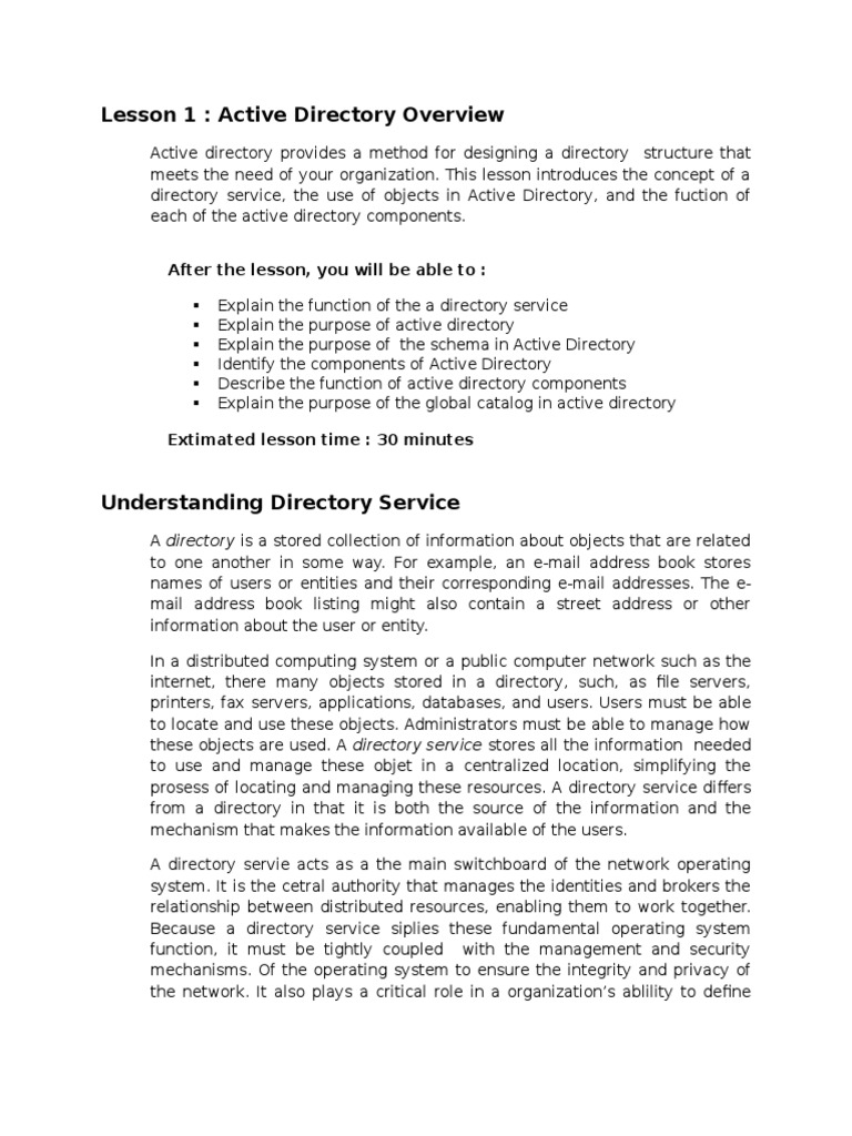 Lesson 1: Active Directory Overview: After The Lesson, You Will Be Able ...